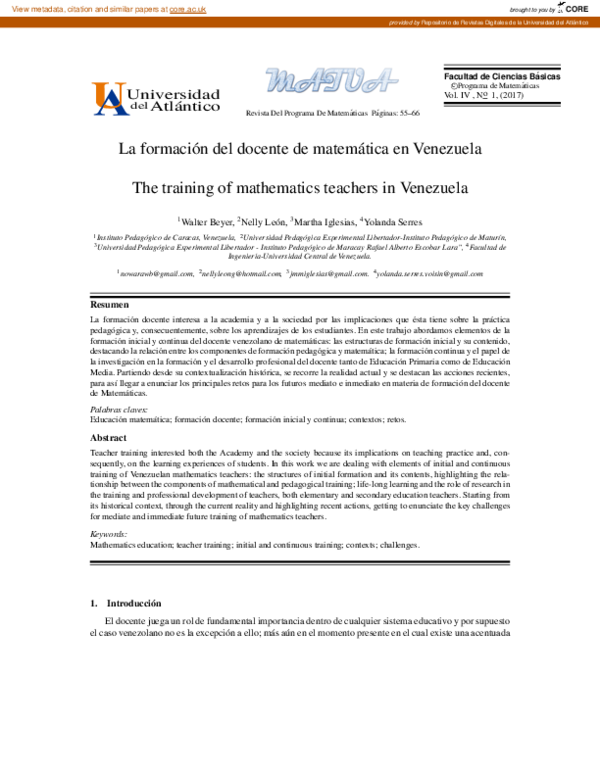 (PDF) La formación del docente de matemática en Venezuela