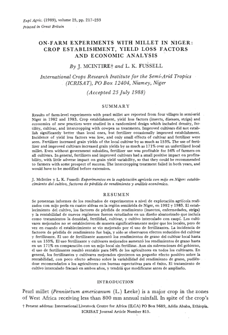 (PDF) On-farm Experiments with Millet in Niger: Crop Establishment ...