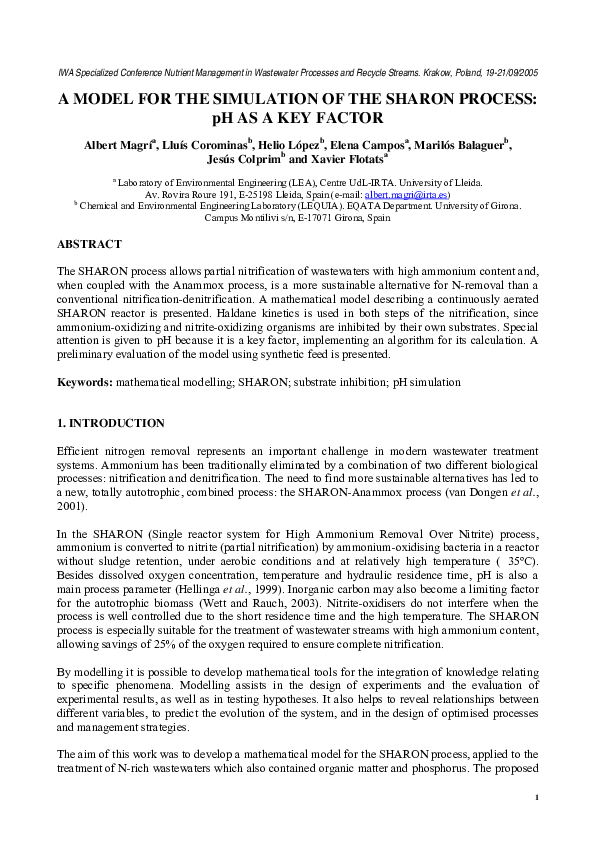 (PDF) A Model for the Simulation of the SHARON Process: pH as a Key Factor