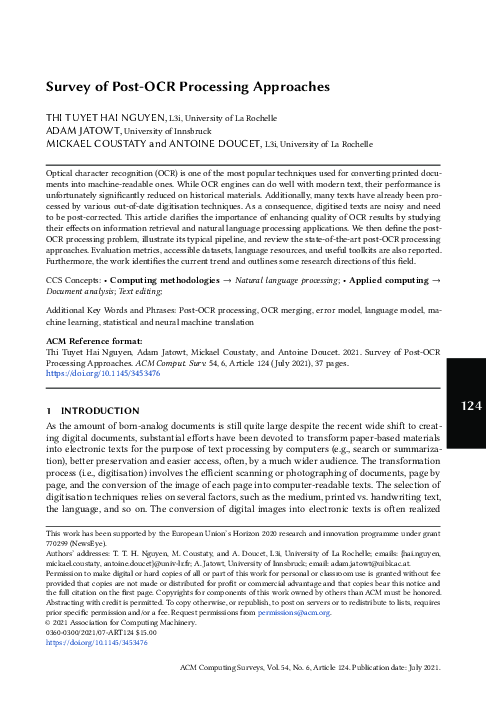 (PDF) Survey of Post-OCR Processing Approaches (PDF) Survey of Post-OCR Processing Approaches
