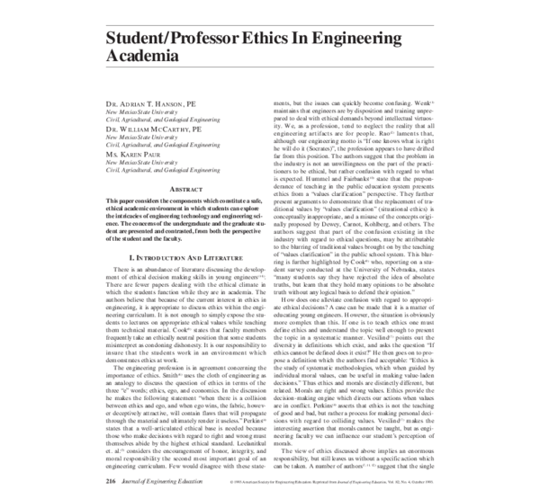 (PDF) Student/Professor Ethics In Engineering Academia