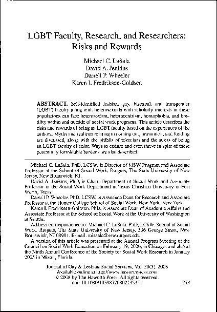 (PDF) LGBT Faculty, Research, and Researchers: Risks and Rewards