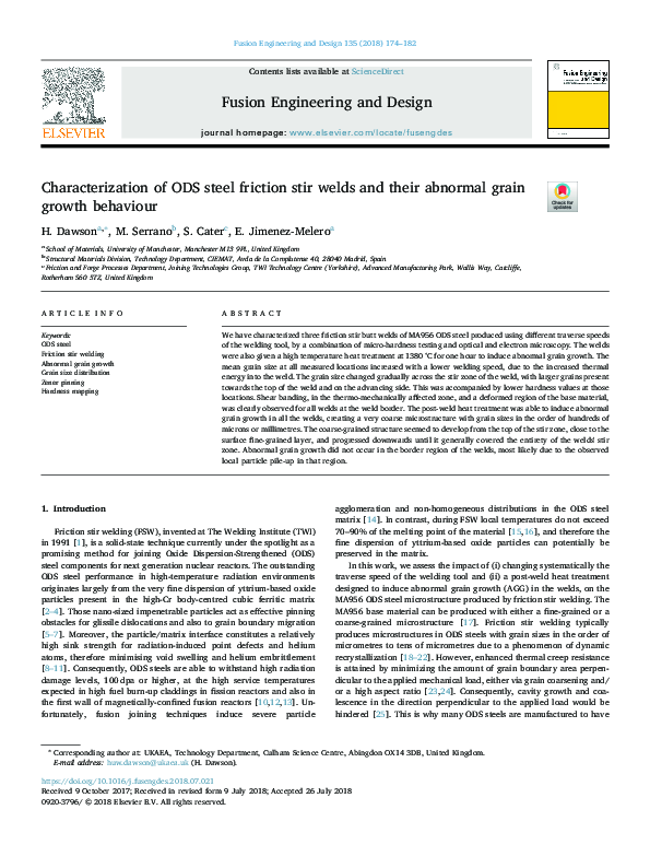 Pdf Characterization Of Ods Steel Friction Stir Welds And Their Abnormal Grain Growth Behaviour