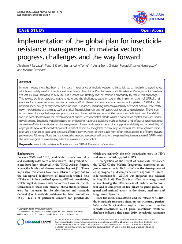 (PDF) Implementation of the global plan for insecticide resistance management in malaria vectors ...