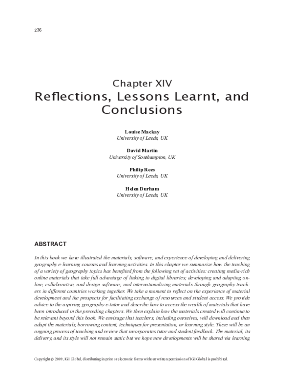(PDF) Reflections, Lessons Learnt, and Conclusions