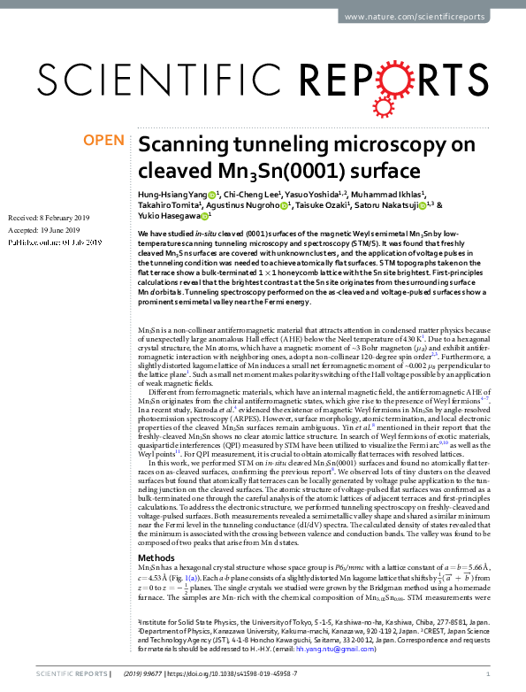 (PDF) Scanning tunneling microscopy on cleaved Mn3Sn(0001) surface