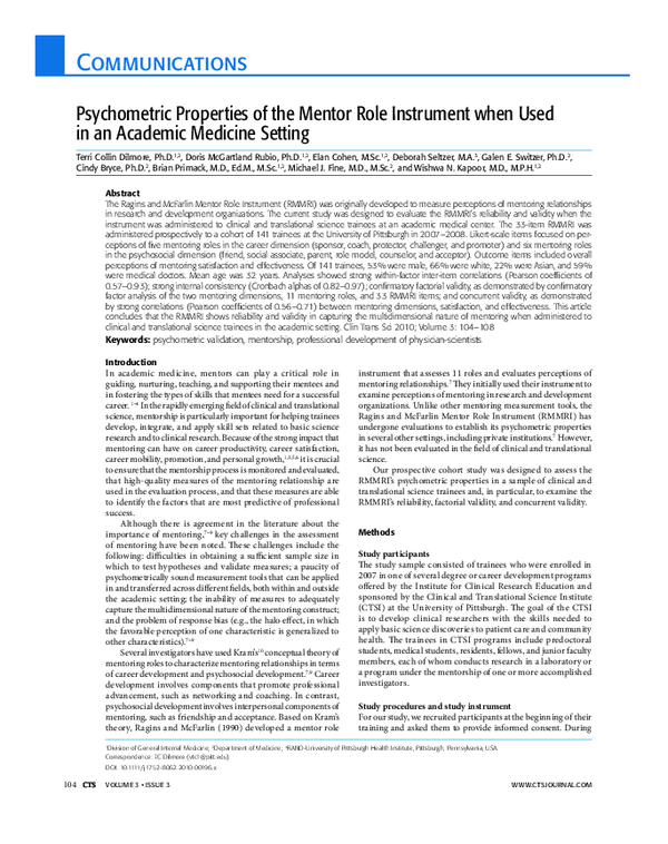 (PDF) Psychometric Properties of the Mentor Role Instrument when Used ...