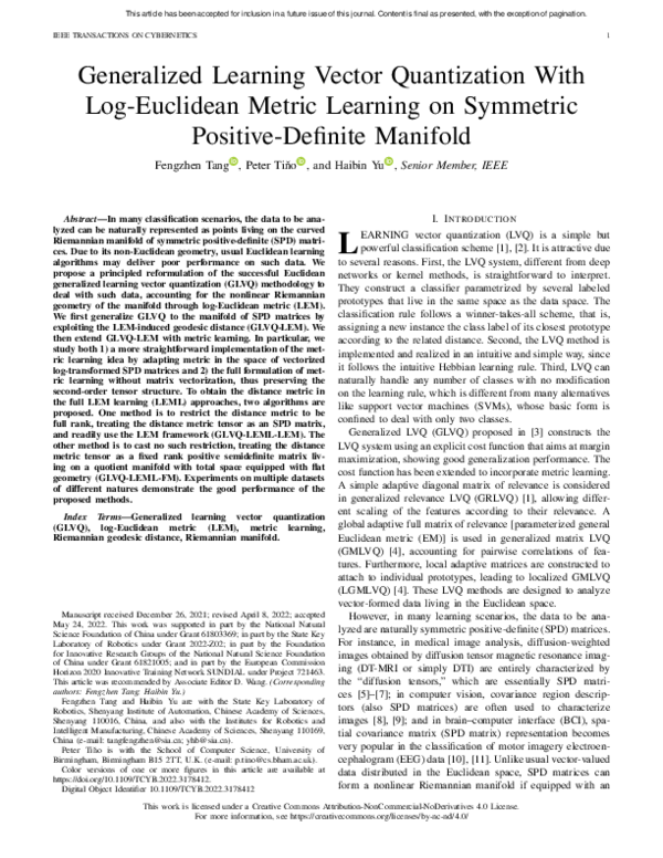 (PDF) Generalized Learning Vector Quantization With Log-Euclidean Metric Learning on Symmetric ...