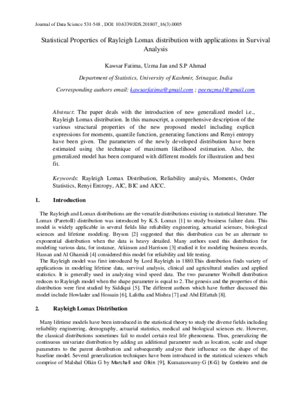 (PDF) Statistical Properties of Rayleigh Lomax distribution with applications in Survival Analysis