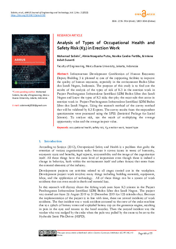(PDF) Analysis of Types of Occupational Health and Safety Risk (K3) in ...