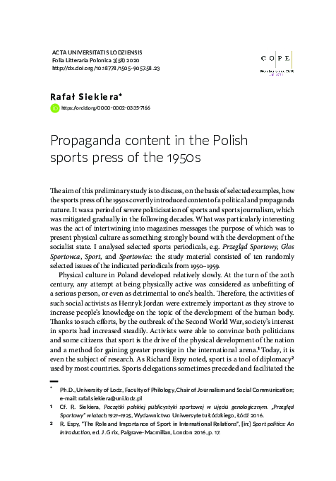 (PDF) Propaganda content in the Polish sports press of the 1950s