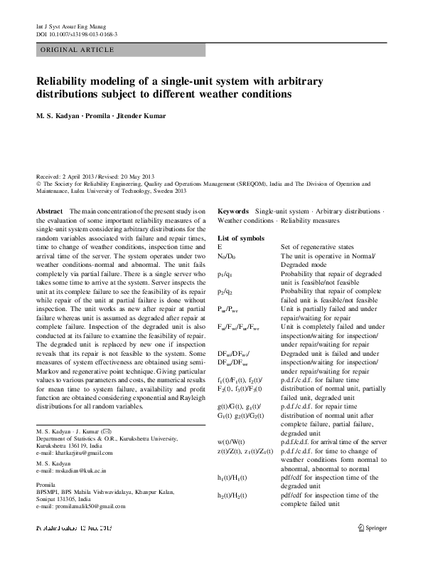 (PDF) Reliability modeling of a single-unit system with arbitrary distributions subject to ...