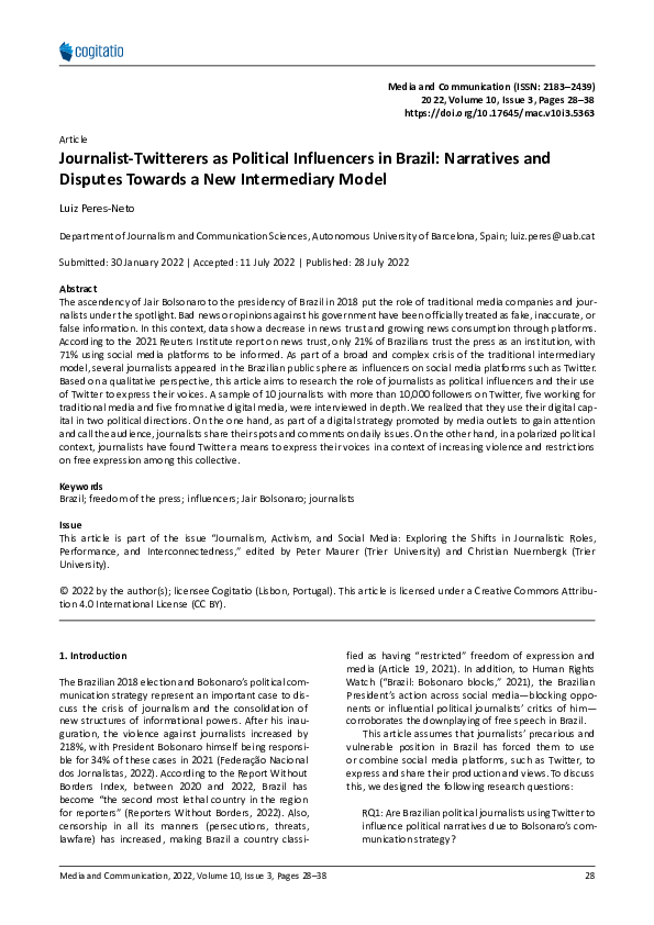 (PDF) Journalist-Twitterers as Political Influencers in Brazil ...