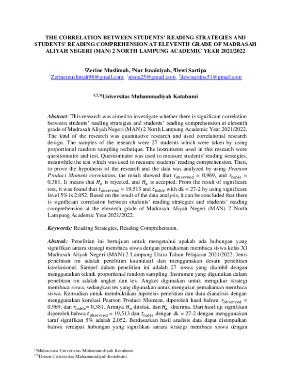(PDF) The Correlation Between Students’ Reading Strategies and Students’ Reading Comprehension ...