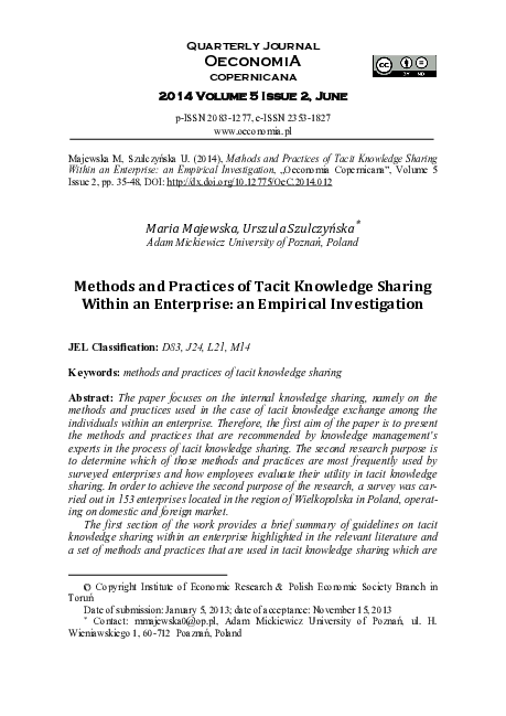 (PDF) Methods and Practices of Tacit Knowledge Sharing Within an Enterprise: an Empirical ...
