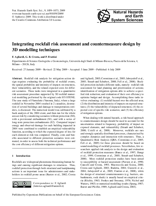 (PDF) Integrating rockfall risk assessment and countermeasure design by 3D modelling techniques