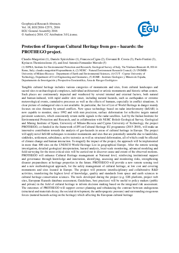 (PDF) Protection of European Cultural Heritage from geo - hazards: the PROTHEGO project