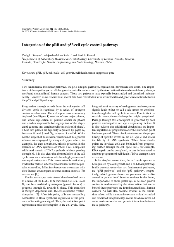 (PDF) Integration of the PRB and P53 Cell Cycle Control Pathways