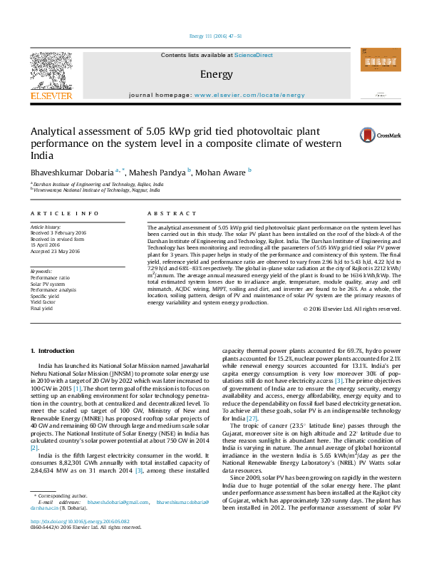 (PDF) Analytical assessment of 5.05 kWp grid tied photovoltaic plant performance on the system ...