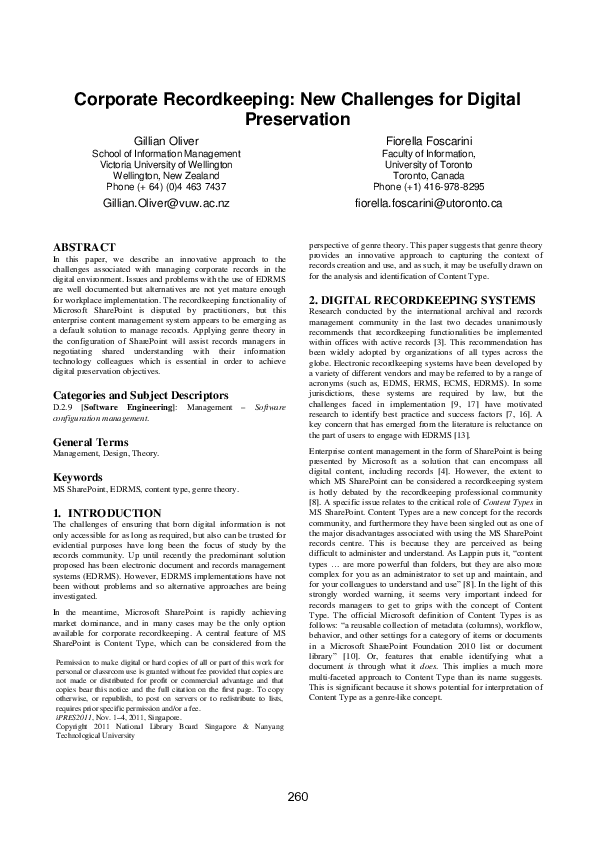 (PDF) Corporate Recordkeeping: New Challenges for Digital Preservation