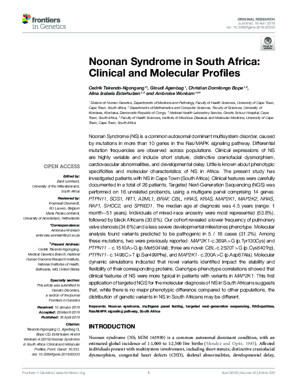 (PDF) Noonan Syndrome in South Africa: Clinical and Molecular Profiles