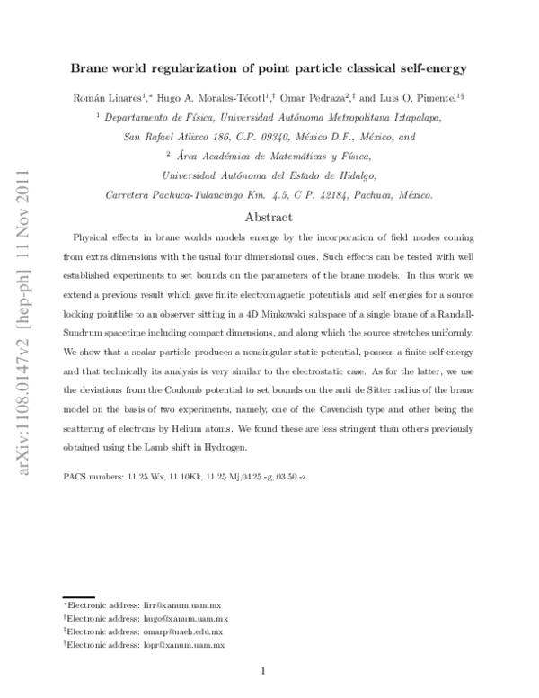 (PDF) Brane world regularization of point particle classical self-energy
