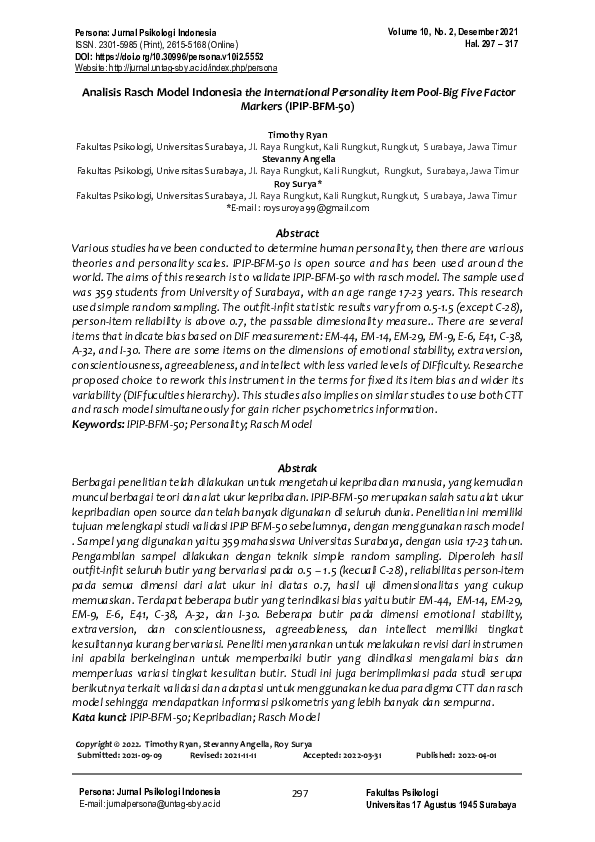 (PDF) Analisis Rasch Model Indonesia the International Personality Item Pool-Big Five Factor ...