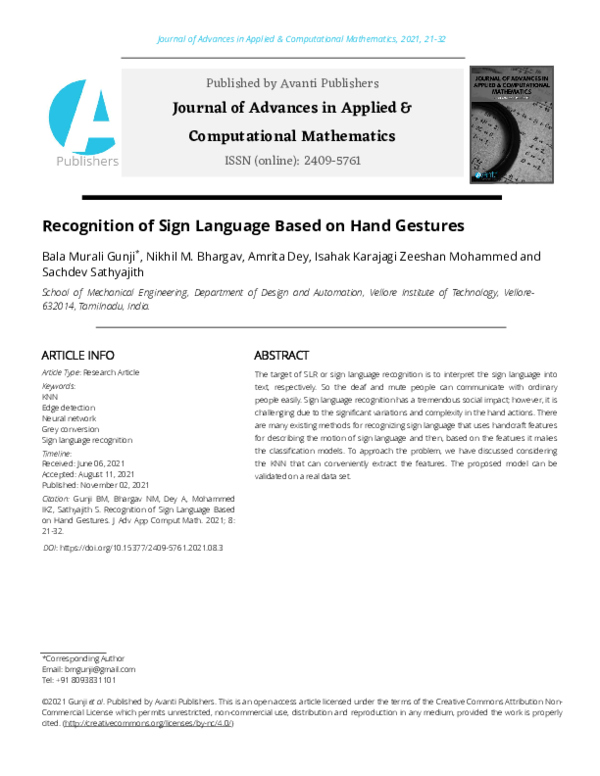 (PDF) Recognition of Sign Language Based on Hand Gestures