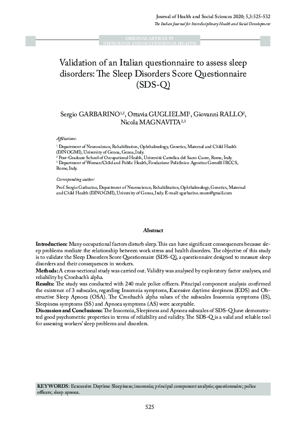 (PDF) Validation of an Italian questionnaire to assess sleep disorders ...