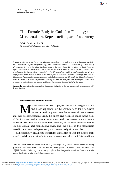 (PDF) The Female Body in Catholic Theology: Menstruation, Reproduction ...