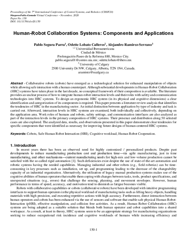 (PDF) Human-Robot Collaboration Systems: Components and Applications