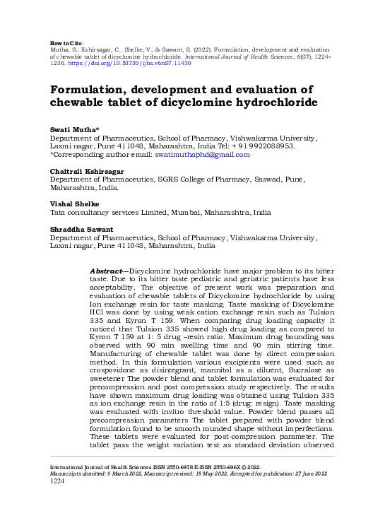 (PDF) Formulation, development and evaluation of chewable tablet of ...