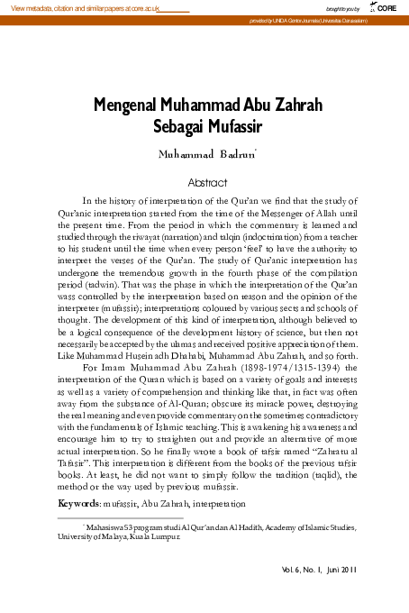 (PDF) Mengenal Muhammad Abu Zahrah Sebagai Mufassir