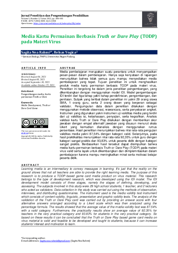 (PDF) Media Kartu Permainan Berbasis Truth or Dare Play (TODP) pada Materi Virus