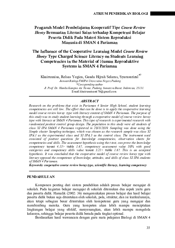 (PDF) Pengaruh Model Pembelajaran Kooperatif Course Review Horay Bermuatan Literasi Sains Pada ...