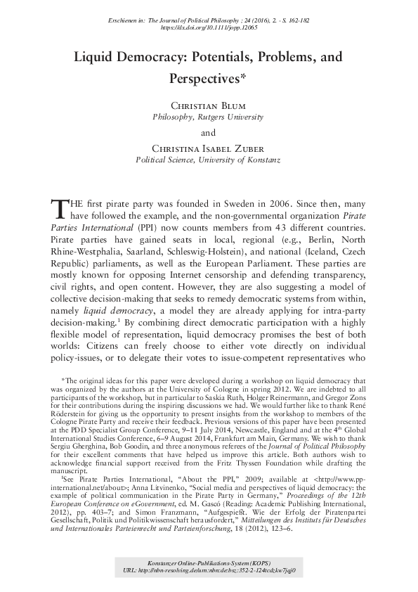 (PDF) Liquid Democracy: Potentials, Problems, and Perspectives