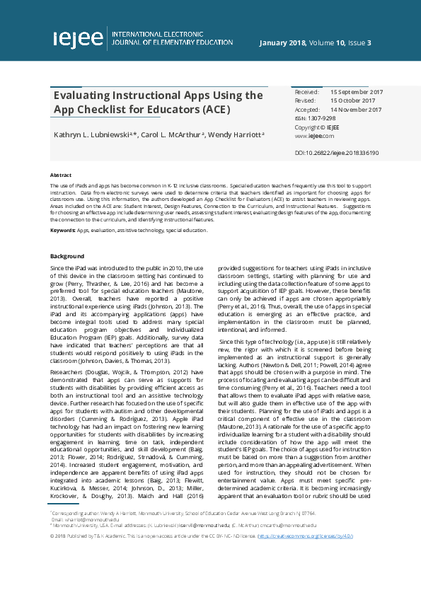 (PDF) Evaluating Instructional Apps Using the App Checklist for ...
