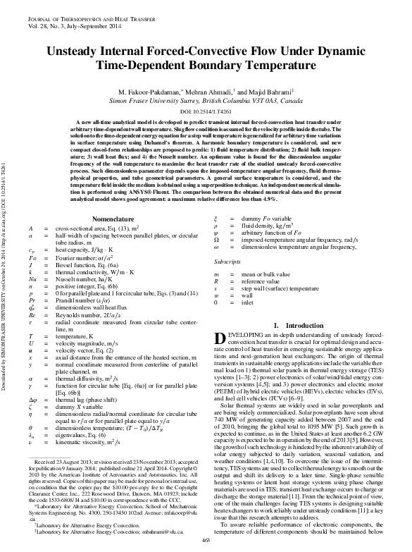 (PDF) Unsteady Internal Forced-Convective Flow Under Dynamic Time-Dependent Boundary Temperature
