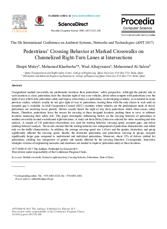 (PDF) Pedestrians' Crossing Behavior at Marked Crosswalks on ...
