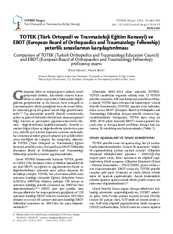 (PDF) TOTEK (Türk Ortopedi ve Travmatoloji Eğitim Konseyi) ve EBOT (European Board of ...