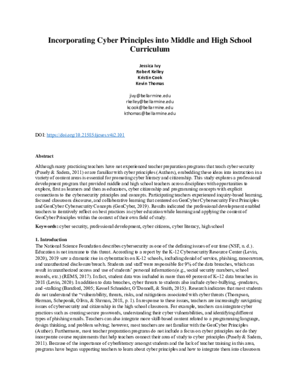 (PDF) Incorporating Cyber Principles into Middle and High School Curriculum