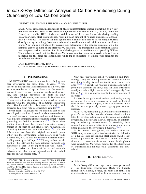 Pdf In Situ X Ray Diffraction Analysis Of Carbon Partitioning During