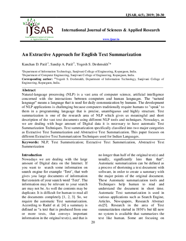 (PDF) An Extractive Approach for English Text Summarization