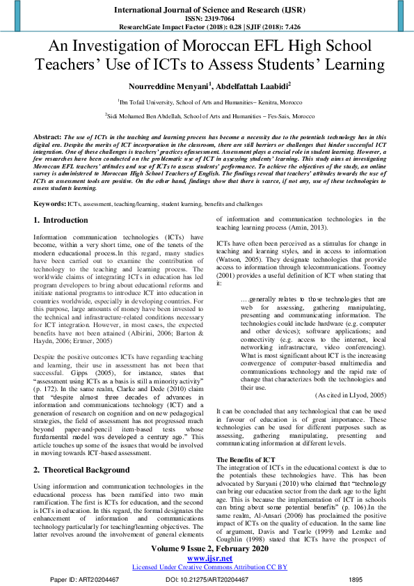 (PDF) An Investigation of Moroccan EFL High School Teachers’ Use of ICTs to Assess Students ...