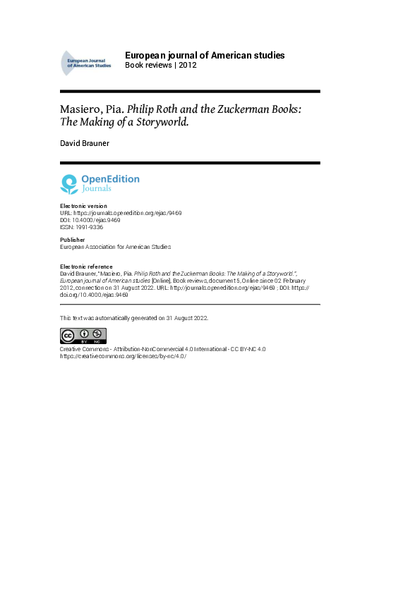 (PDF) Masiero, Pia. Philip Roth and the Zuckerman Books: The Making of ...