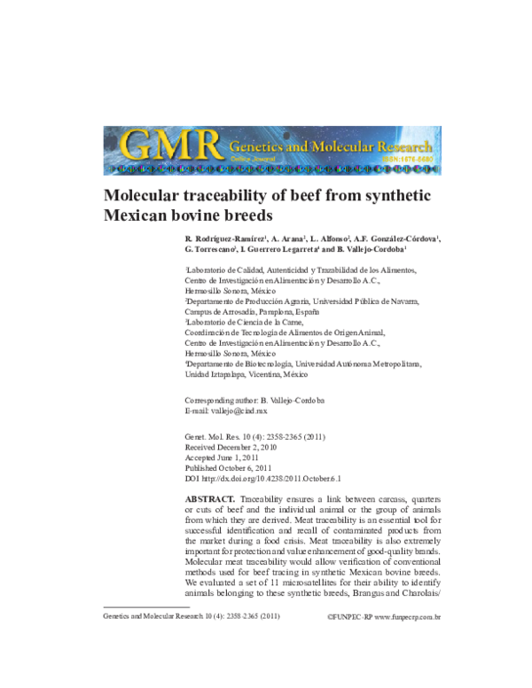 (PDF) Molecular traceability of beef from synthetic Mexican bovine breeds
