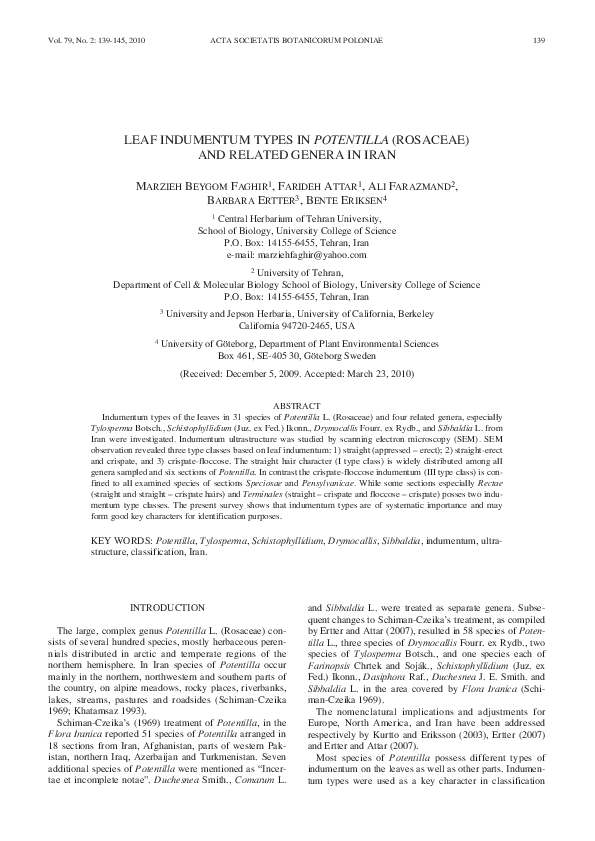 (PDF) Leaf Indumentum Types in Potentilla and Related Genera in Iran