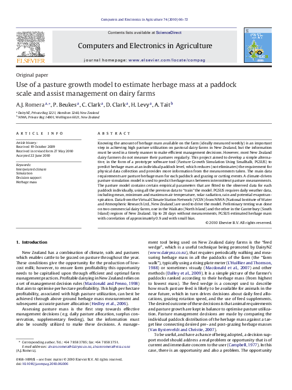 (PDF) Use of a pasture growth model to estimate herbage mass at a ...