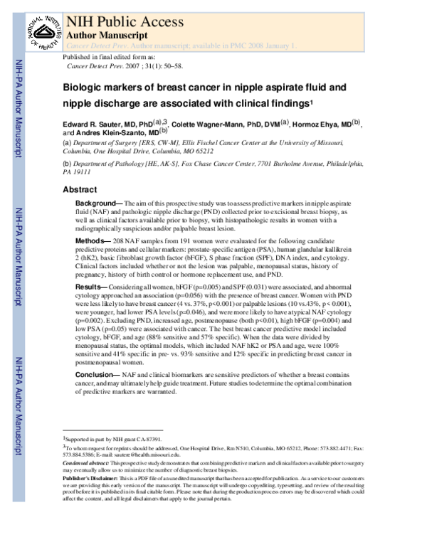 (PDF) Biologic markers of breast cancer in nipple aspirate fluid and ...