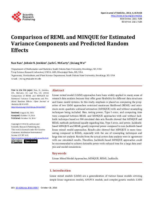 (PDF) Comparison of REML and MINQUE for Estimated Variance Components and Predicted Random Effects
